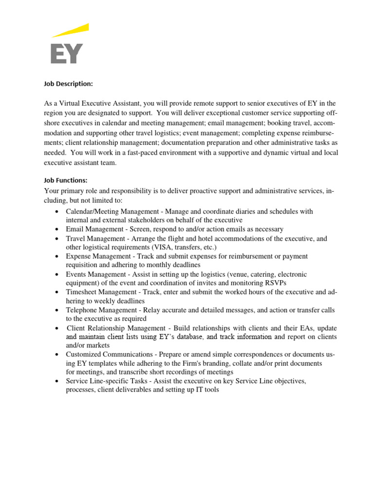 Virtual Executive Assistant Job Description | PDF | Secretary | Business