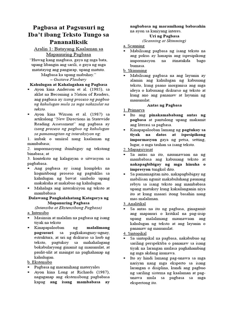 Pagbasa at Pagsusuri NG Iba'T-Ibang Teksto Tungo Sa Pananaliksik - Midterm Reviewer | PDF
