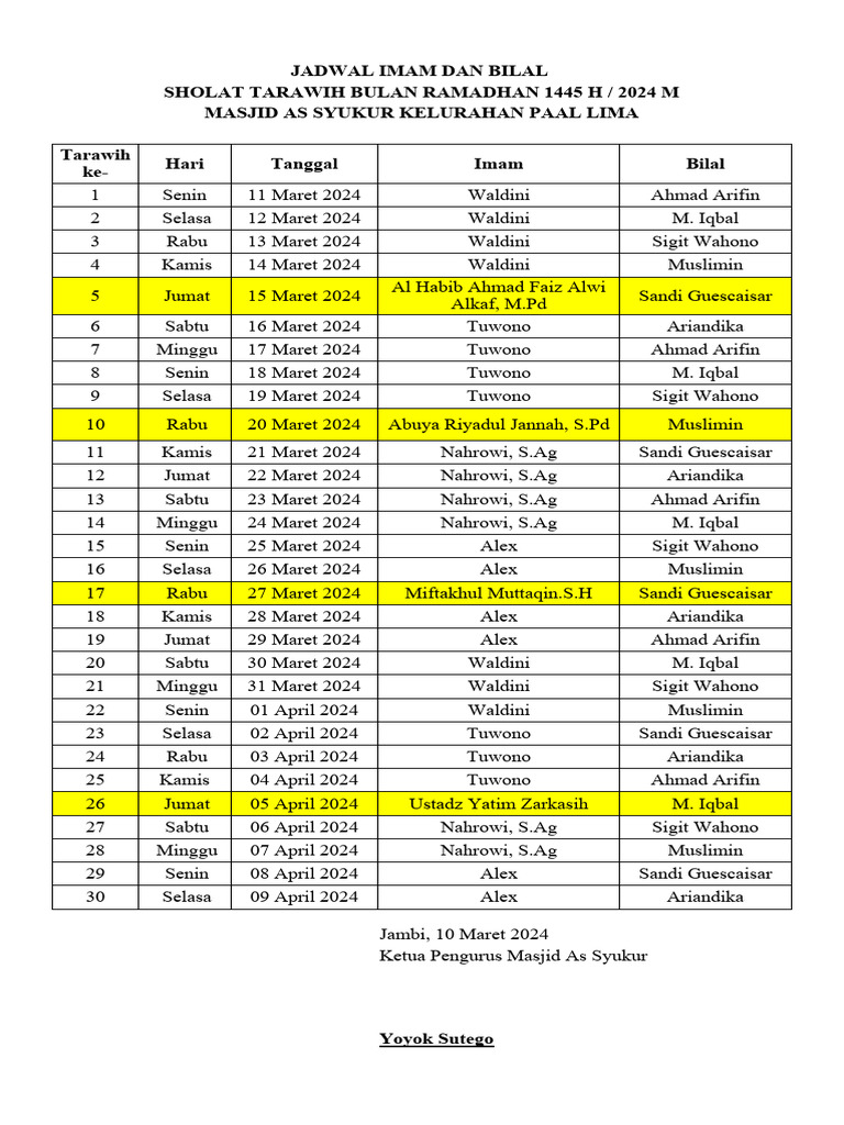 Jadwal IMAM Dan BILAL Sholat Tarawih 1445 H | PDF