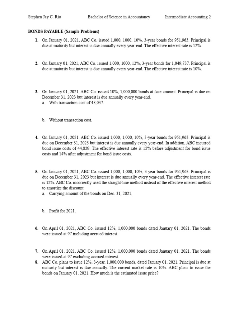 BONDS PAYABLE Sample Probs | Download Free PDF | Bonds (Finance) | Interest
