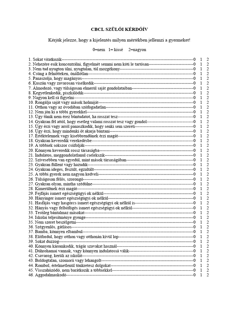 Cbcl-Szulo Kerdoiv | PDF