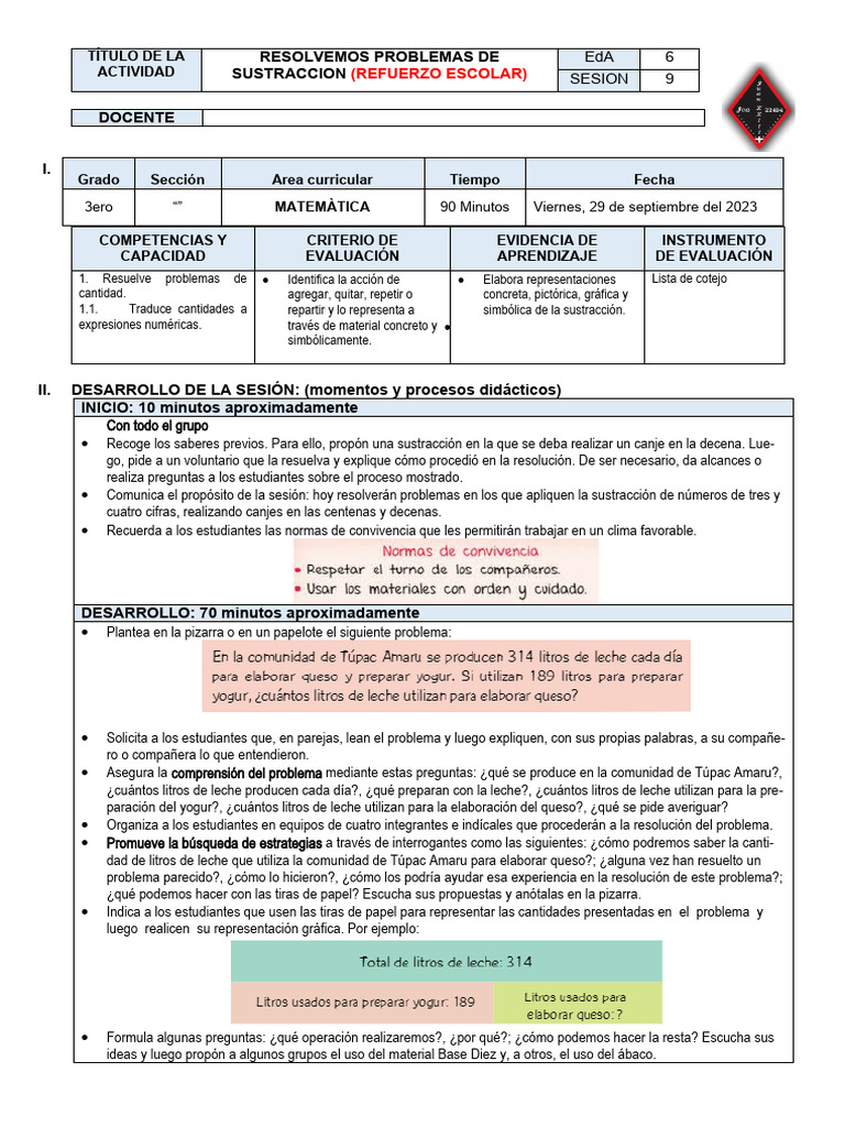 Sesion de Problemas de Sustraccion (Refuerzo Escolar) | PDF ...