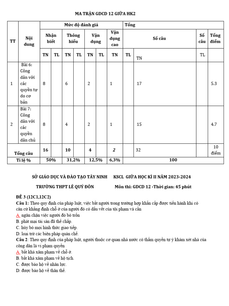 ĐỀ 3 GDCD 12- GIỮA HKII | PDF