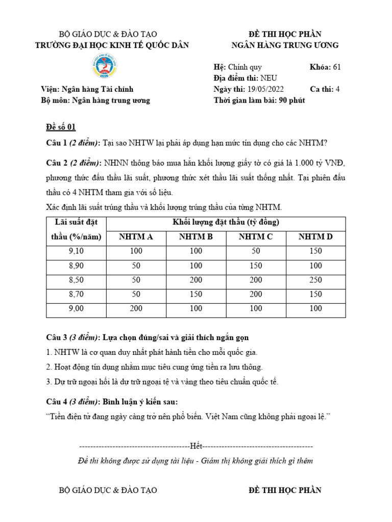 Đề NHTW Năm 2022 | PDF