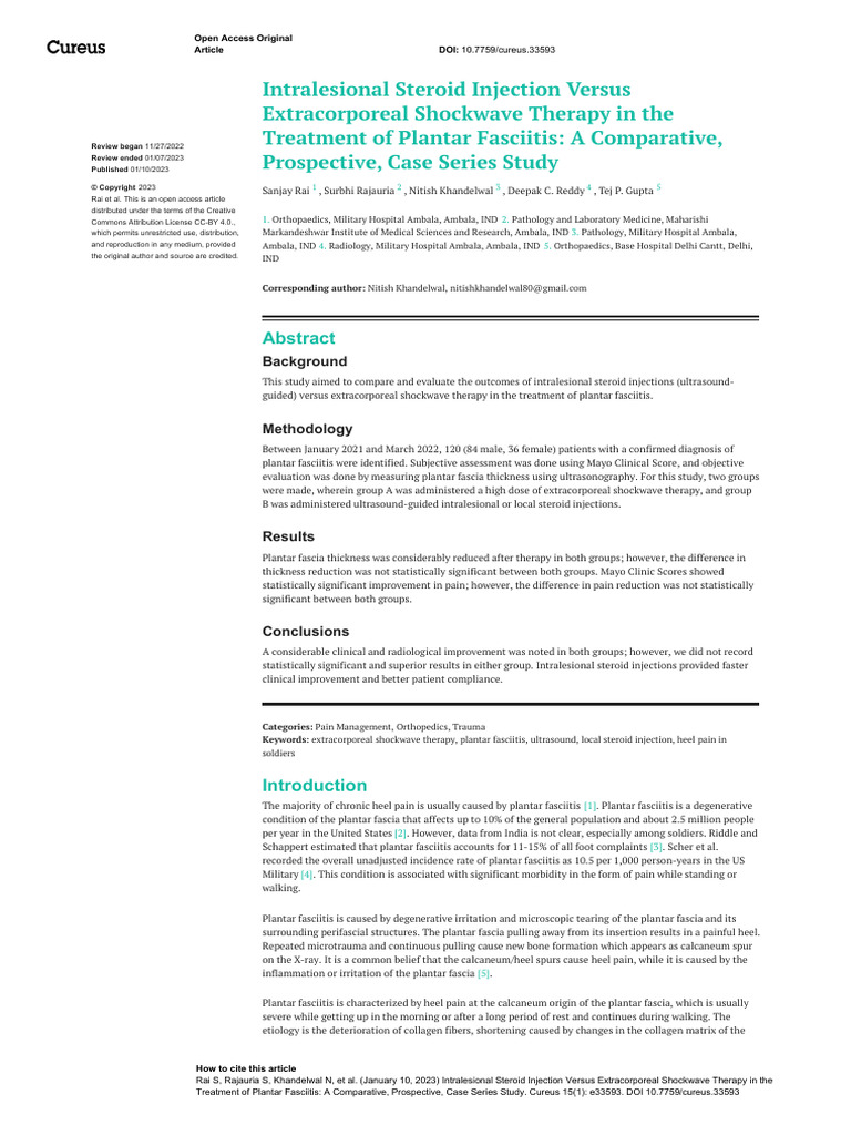 Rai S. 2023. Intralesional Steroid Inj vs ESWT in Plantar Fasciitis ...