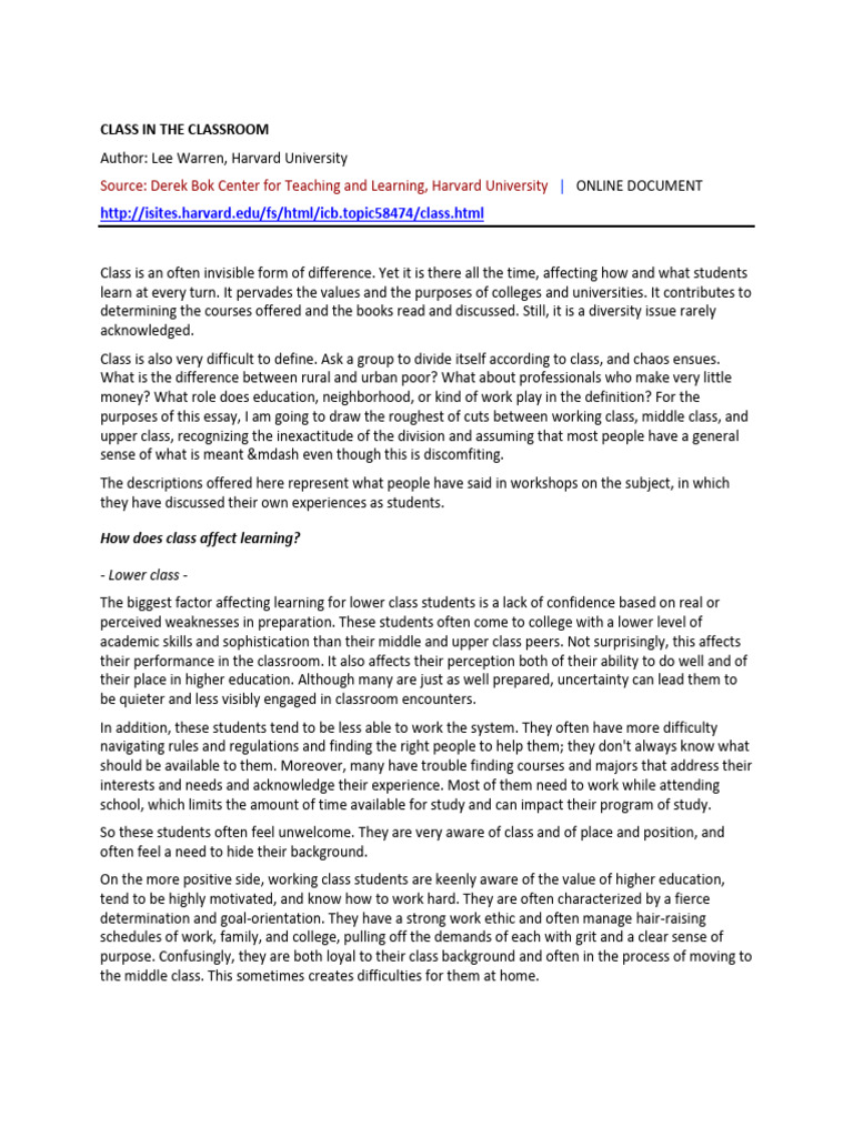 Class In The Classroom Harvard University Pdf Pedagogy Learning