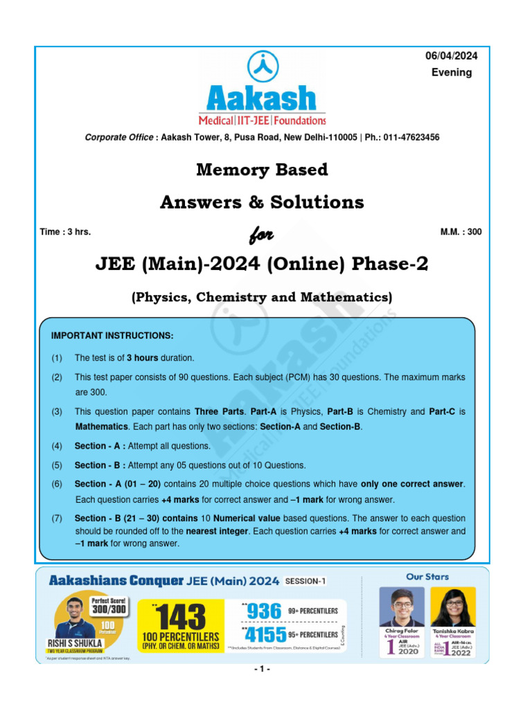 Ans-And-Sol JEE Main 2024 Ph-2!06!04-2024 Evening | PDF | Physical Chemistry | Chemistry