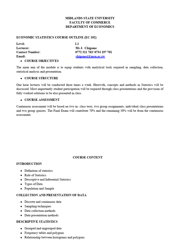 Economic Statistics Course Outline EC 102 | PDF | Statistics | Skewness