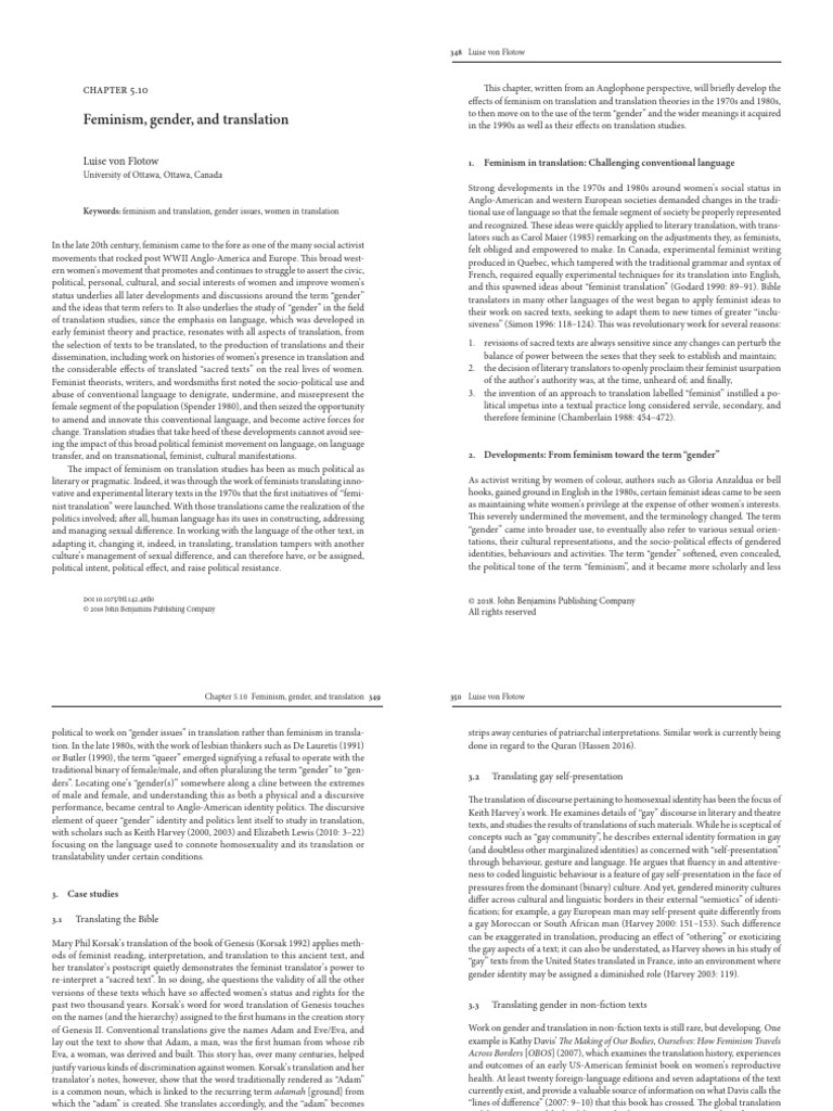 Flotow_Feminism, Gender, and Translation | PDF | Feminism | Gender Studies