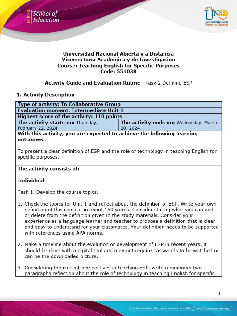 Activities Guide and Evaluation Rubric - Unit 1 - Task 2 - Defining ESP | PDF | Plagiarism ...