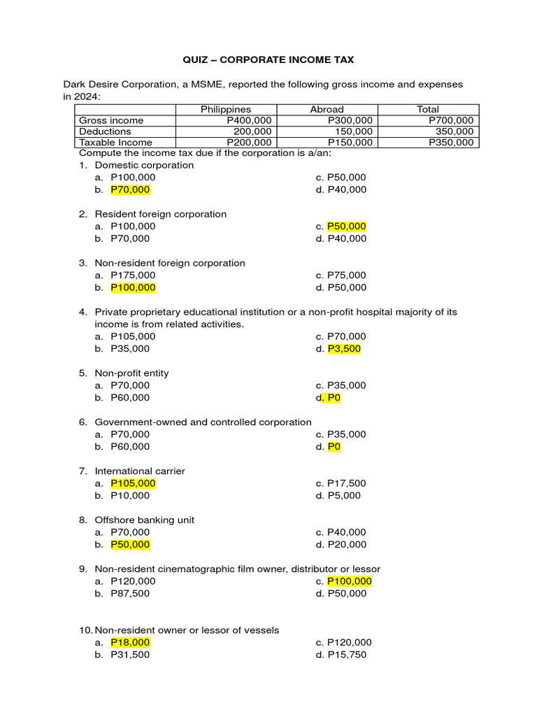 QUIZ Corporate Income Taxation Answers | PDF | Gross Income | Tax Deduction