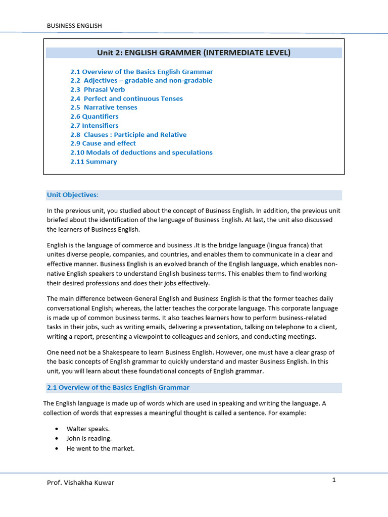 Unit 2 English Grammer at Intermediate Level | PDF | English Language | Part Of Speech