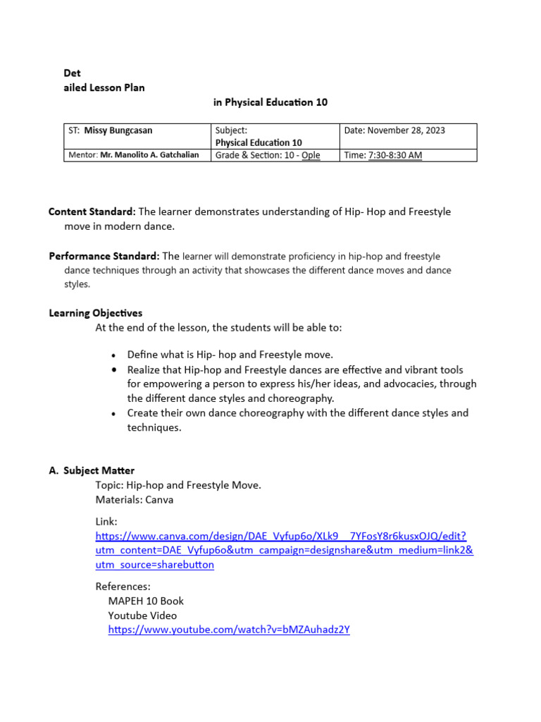 Hip-Hop and Freestyle Dance Lesson Plan | PDF | Hip Hop Music | Dances
