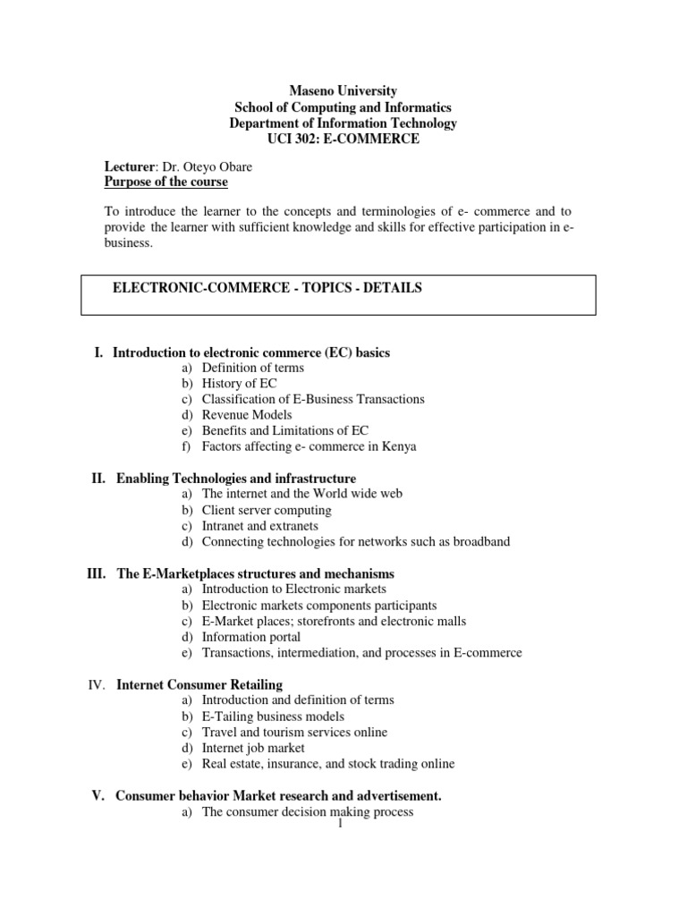 Uci 302 E-Commerce Course Outline | PDF | E Commerce | Marketing