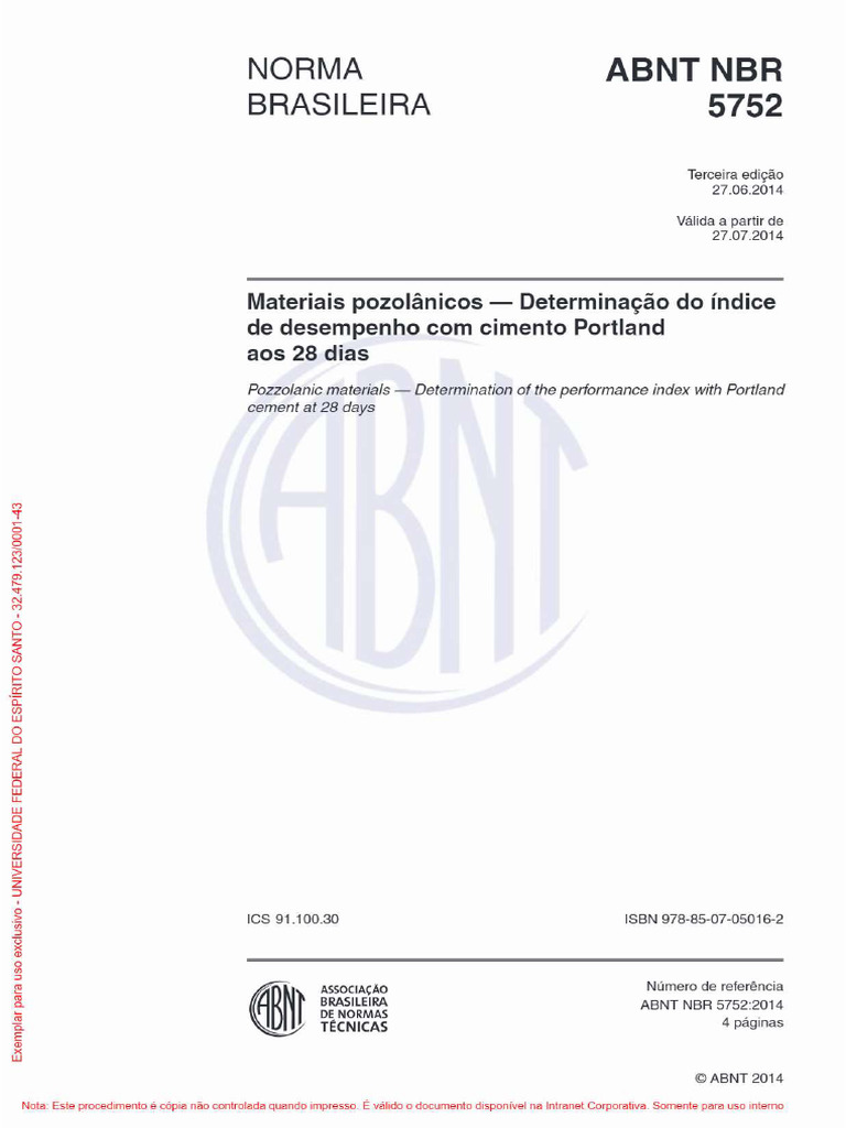 NBR 5752 - MATERIAIS POZOLÂNICOS (CIMENTO 28 DIAS) | PDF