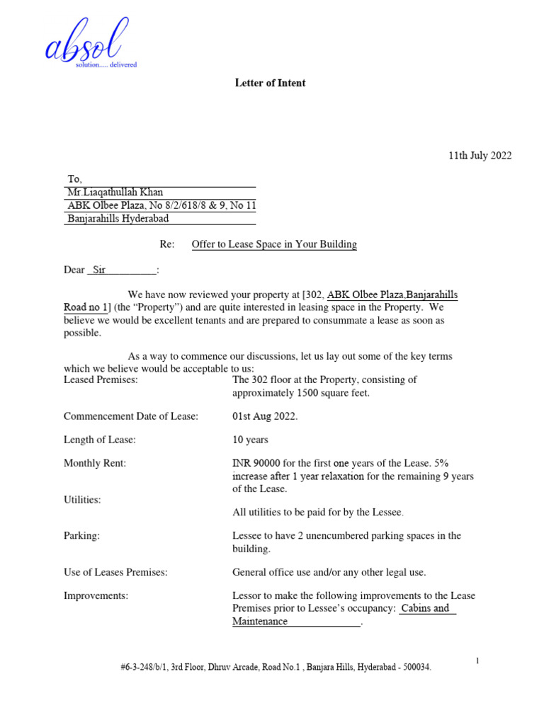 Lettr of Intent | PDF | Lease | Landlord–Tenant Law