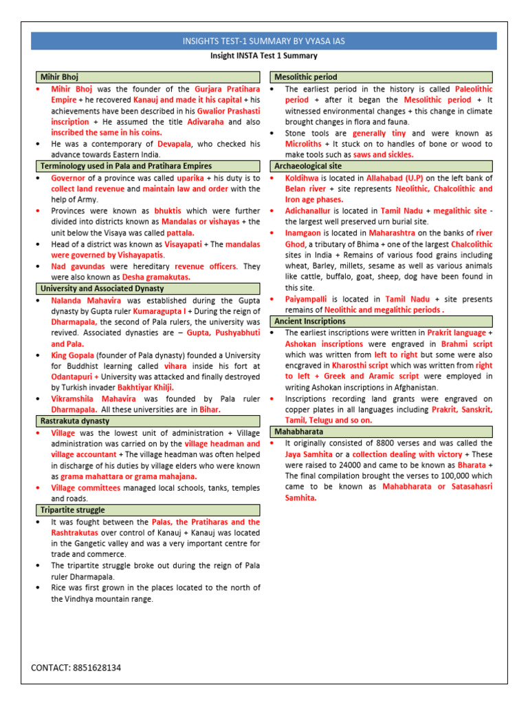 Insight INSTA Test 1 Summary Sample by VYASA IAS | PDF