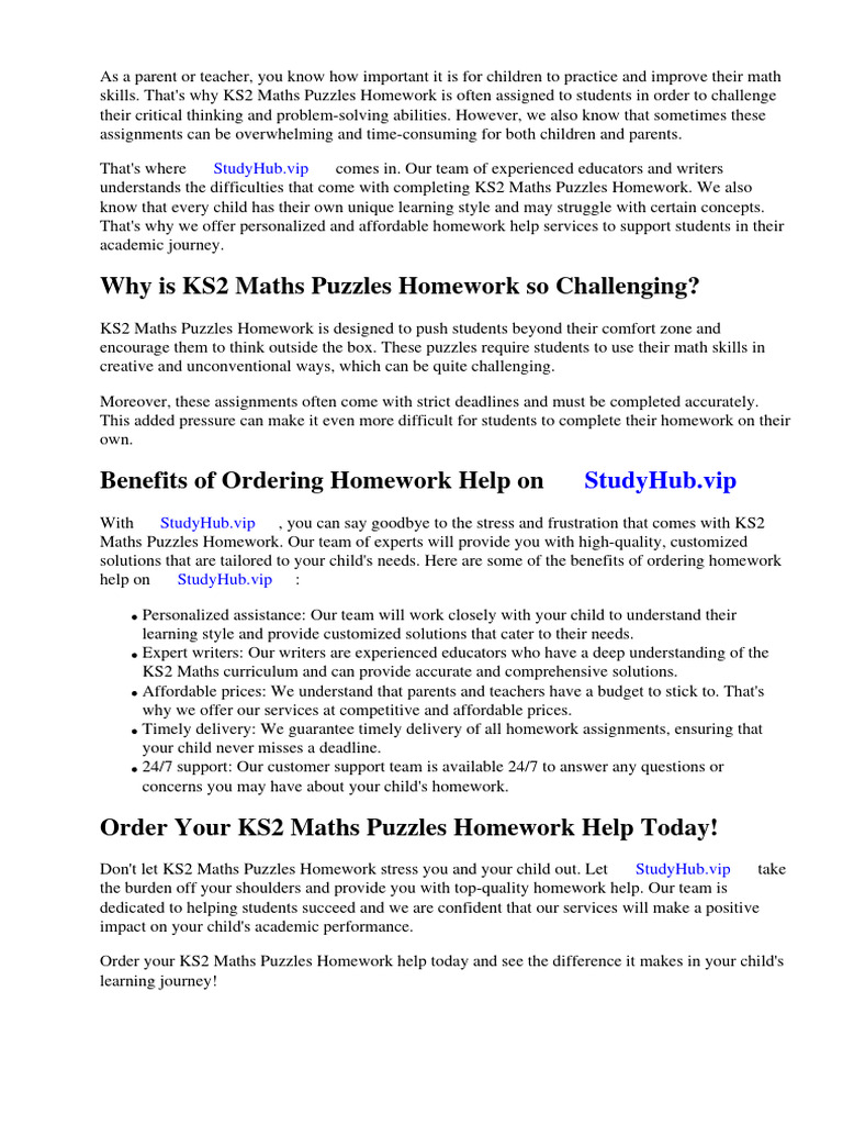 Maths Puzzles Homework Ks2 | PDF | Homework | Mathematics