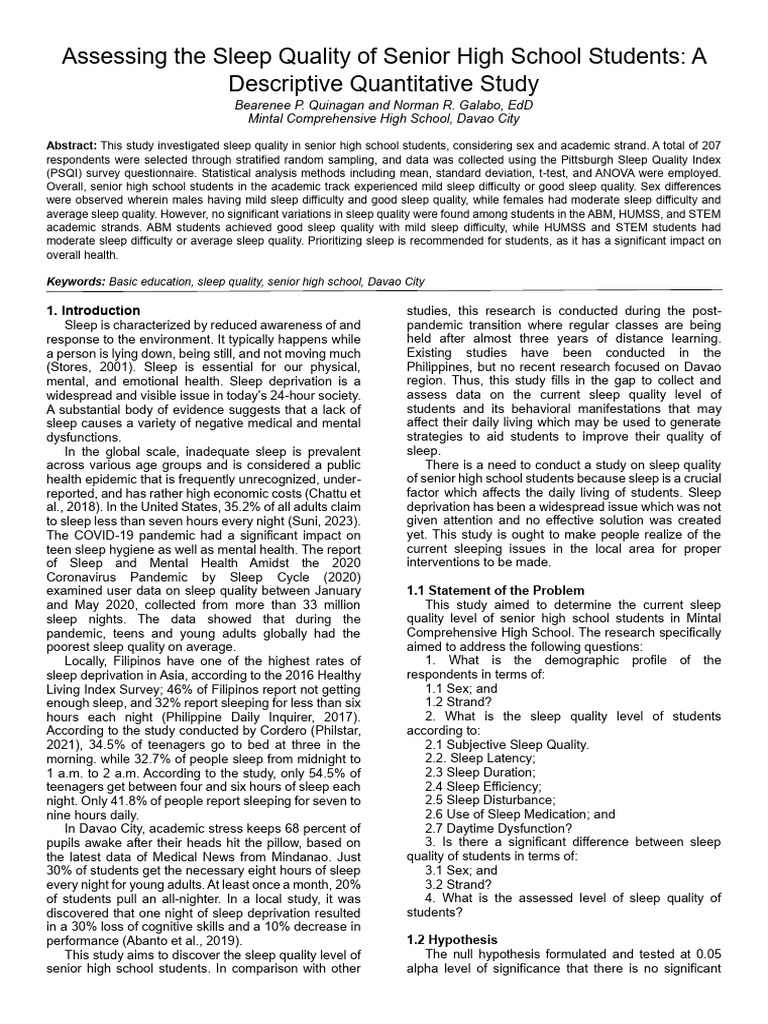 Assessing Sleep Quality of Shs Students | PDF | Sleep | Sleep Disorder