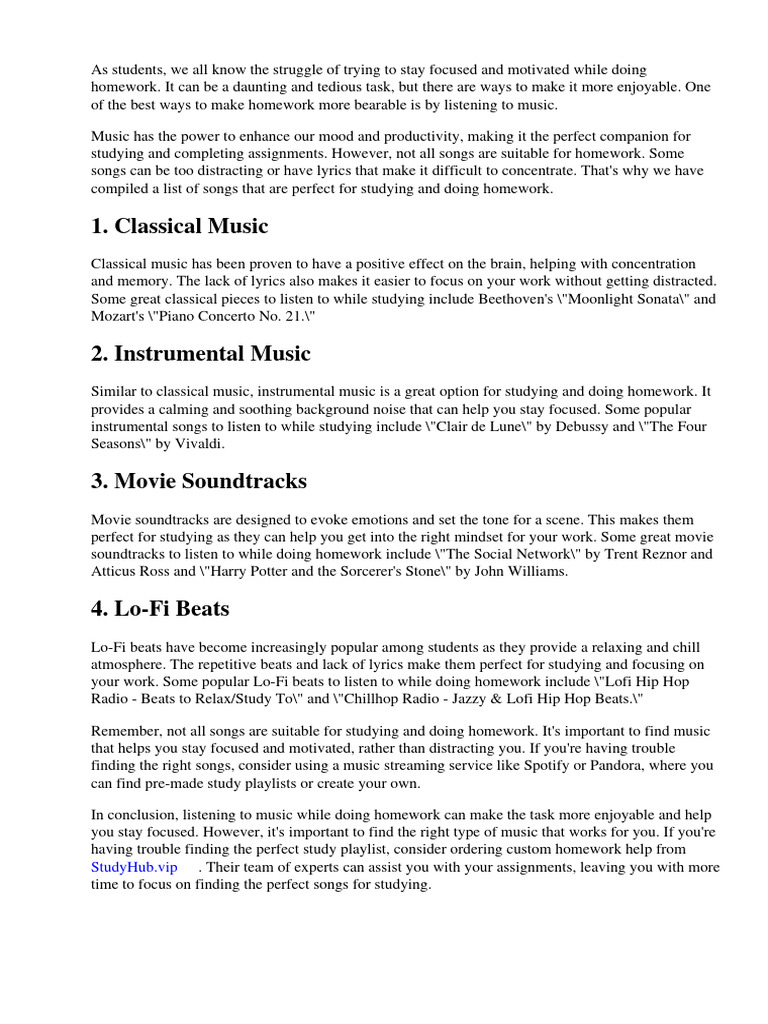 Songs To Listen To When Your Doing Homework | PDF | Essays | Thesis