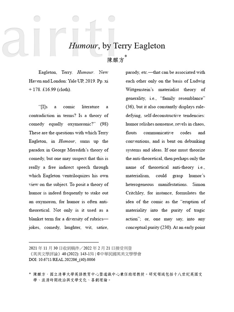Humour, by Terry Eagleton | PDF | Humour | Laughter