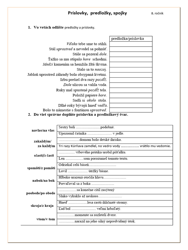 Príslovky, Predložky, Spojky | PDF