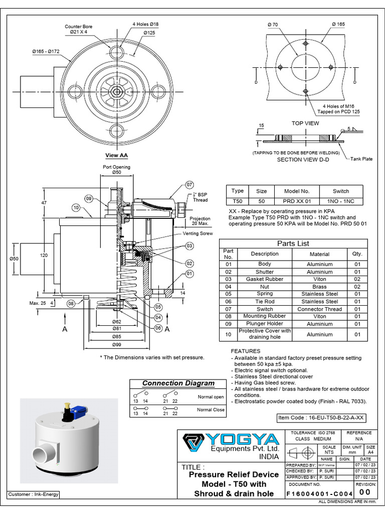 Parts List: Pressure Relief Device Model - T50 With Shroud & Drain Hole ...