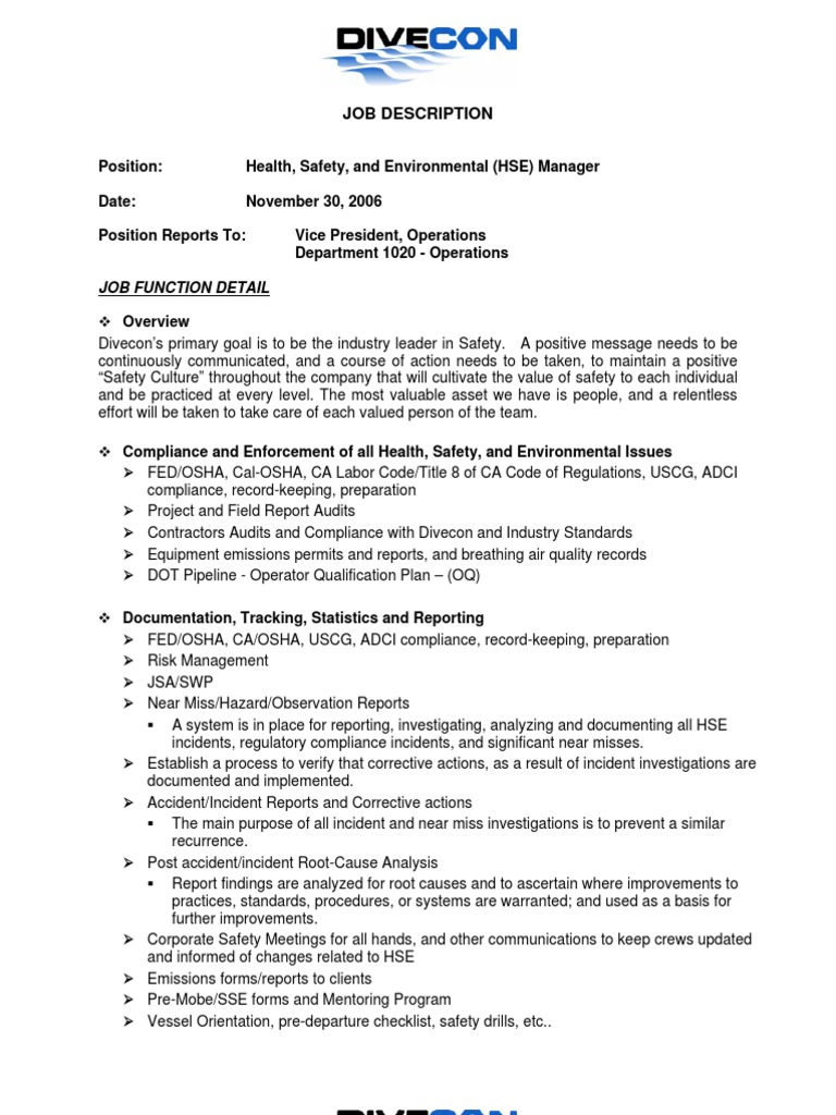 HSE Manager Job Description at Divecon | PDF