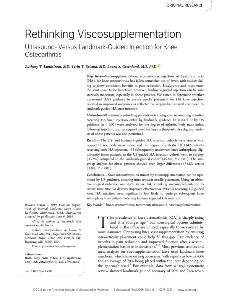 Lundstrom ZT. 2020. Rethinking Viscosupplementartion. US vs. Landmark ...