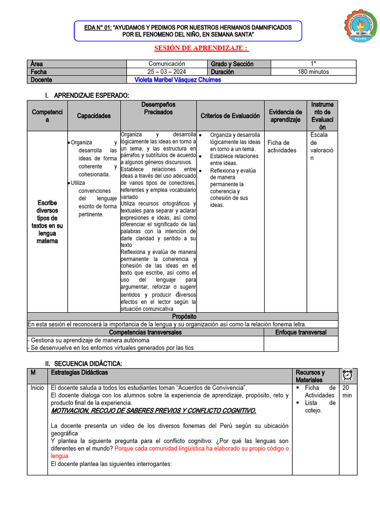 1°-Sesion 2 Eda 1 | PDF | Aprendizaje | Fonema