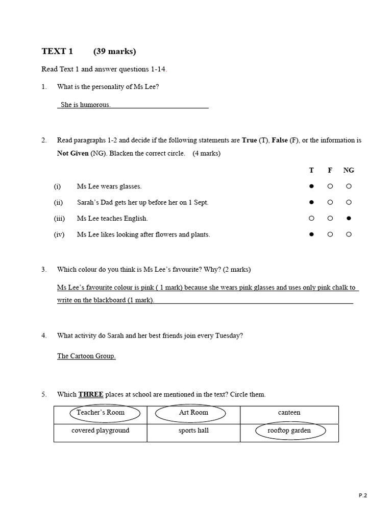 1920 S1 T1 Revision Paper (Reading) - Suggested Answers | PDF