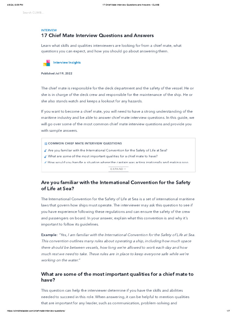 17 Chief Mate Interview Questions and Answers - CLIMB | PDF | Sea ...