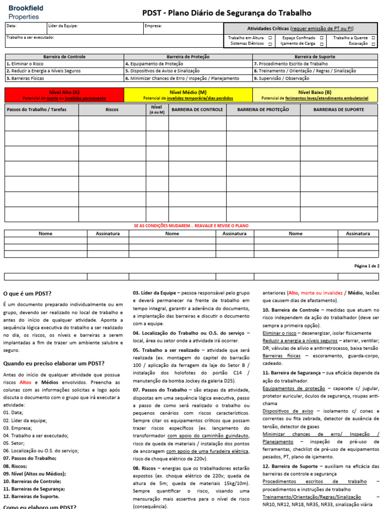 2 - PDST - Plano Diario de Seguranca do Trabalho - Explicacao_rev00a | PDF