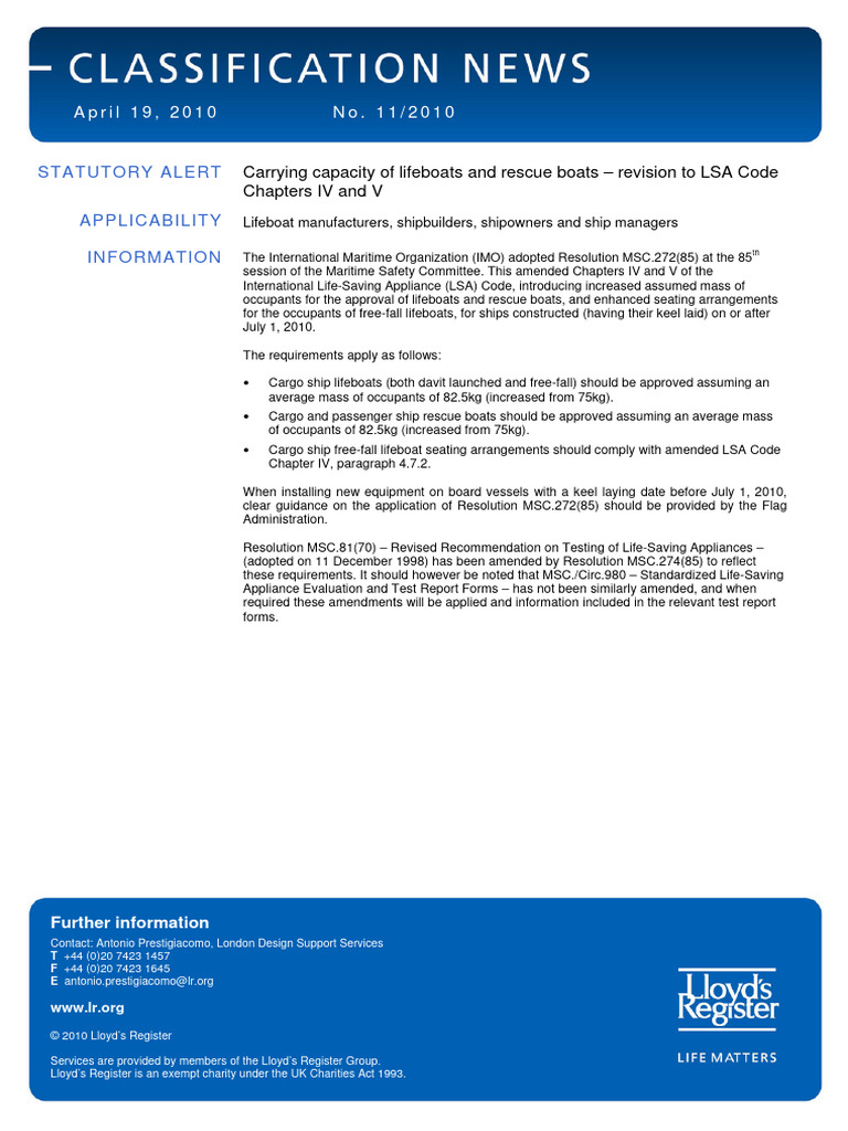 Lifeboat Capacity Changes LSA Code 2010 | PDF | Shipping | Water Transport