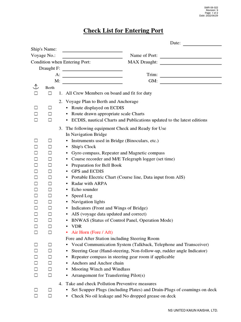 Check List For Entering Port | PDF | Navigation | Ships