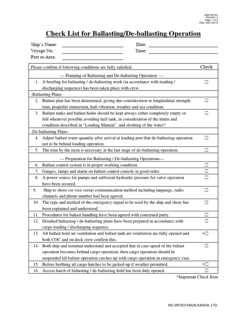 Check List For Ballasting De-Ballasting Operation | PDF | Water ...