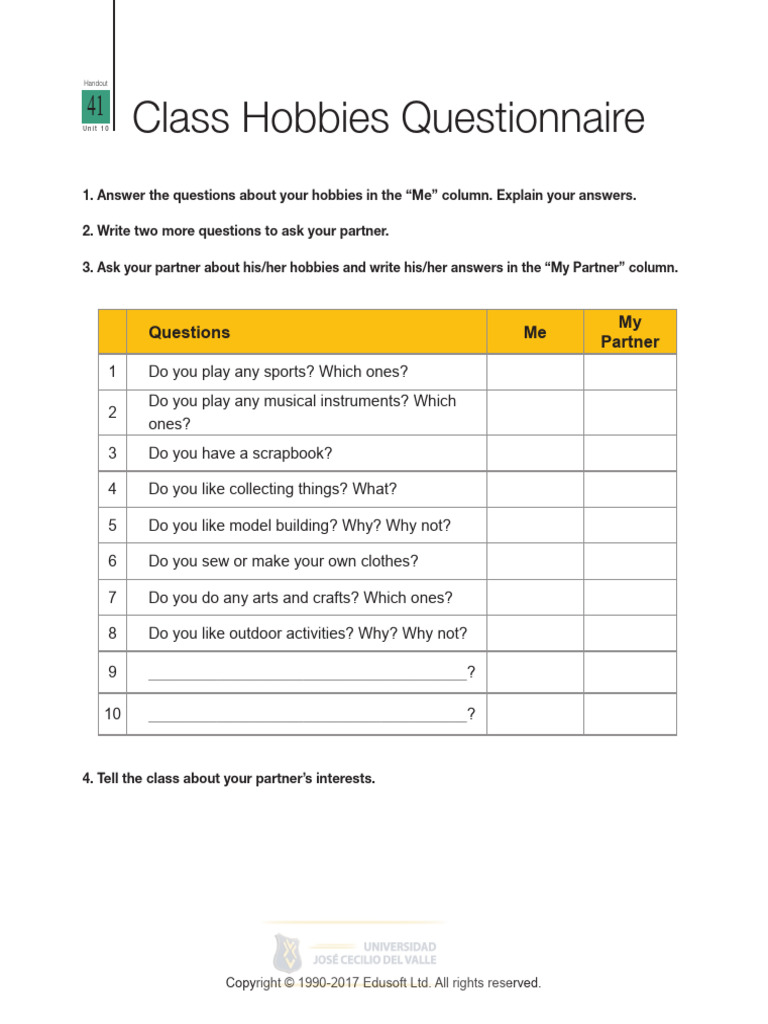 20 Basic II Handout 41 Unit 10 Hobbies Class Hobbies Questionnaire | PDF