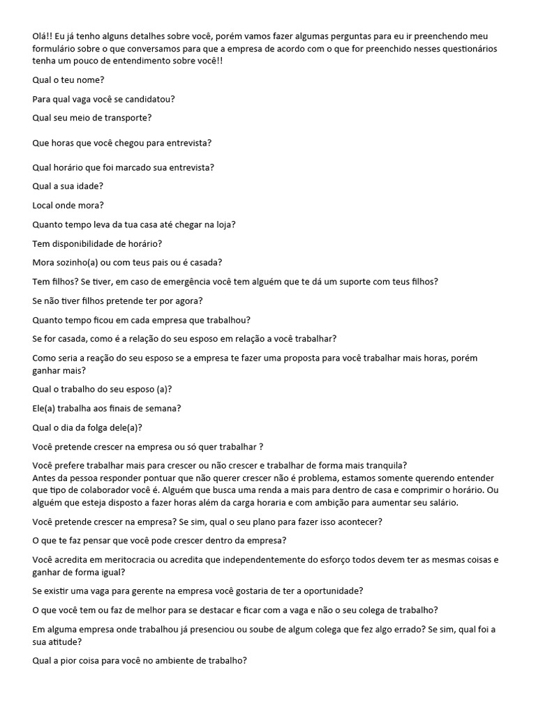 Perguntas para Entrevista | PDF | Atitude (Psicologia)