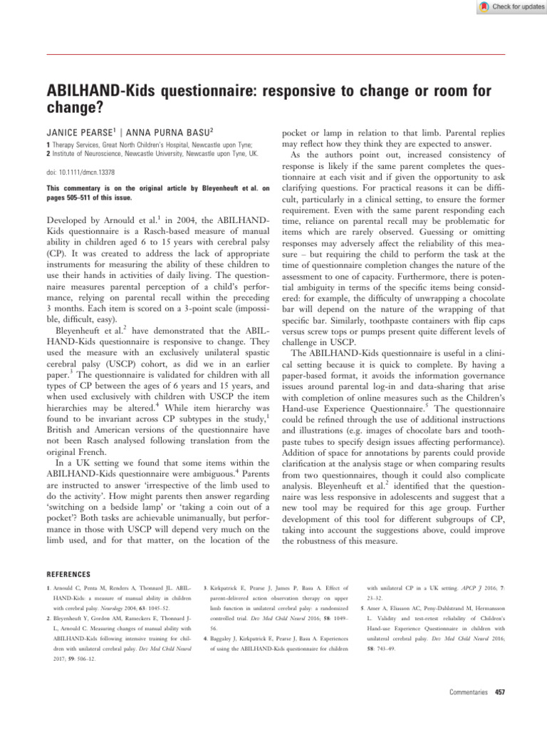 Develop Med Child Neuro - 2017 - Pearse - ABILHAND Kids Questionnaire ...