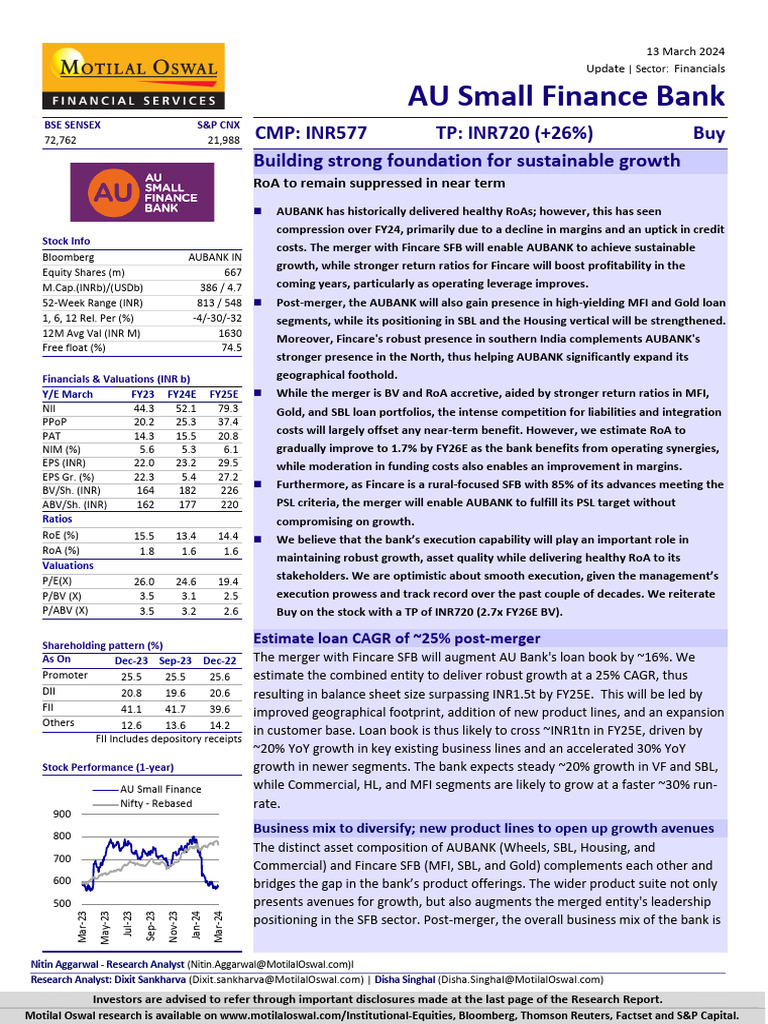 Au SFB - Mosl - 130324 - Ebr | PDF | Mergers And Acquisitions | Banks