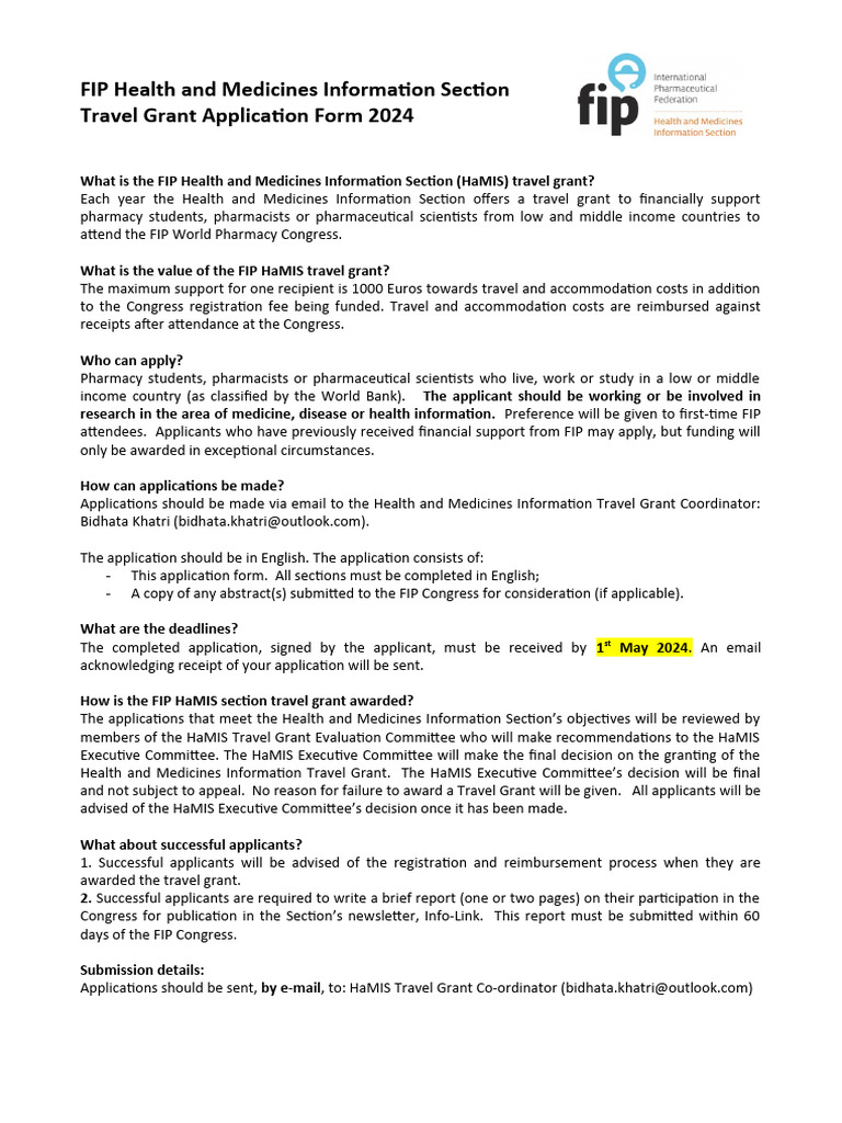 FIP HaMIS Travel Grant Application 2024 | PDF | Pharmacist