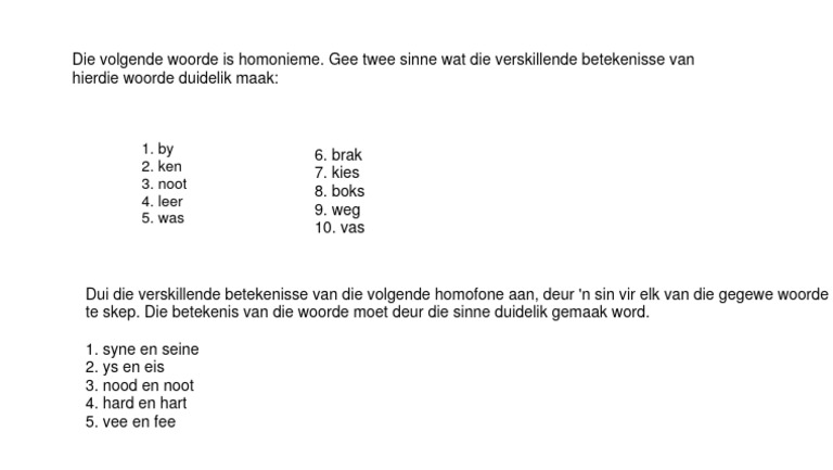 Homonieme en Homofone Oefening 25 Mei | PDF