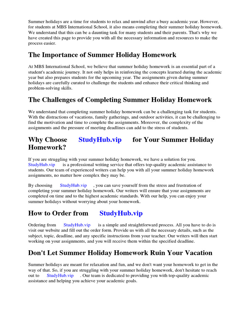 Mbs International School Summer Holiday Homework | PDF | Homework | Books