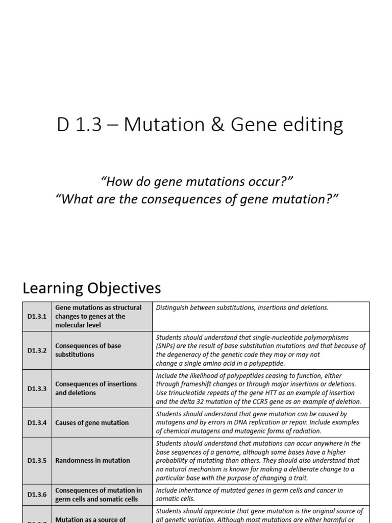 IB DP Bio - D1.3 Mutations and Gene Editing | PDF | Mutation | Point ...