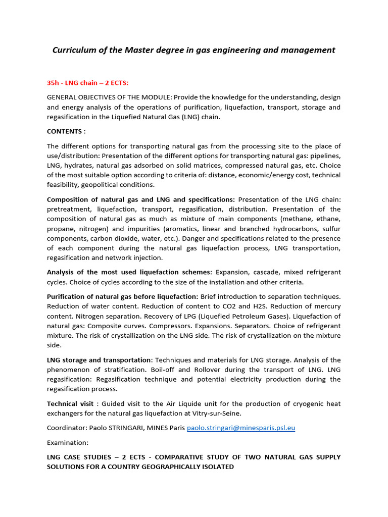 Curriculum of The Master Degree in Gas Engineering and Management | PDF ...