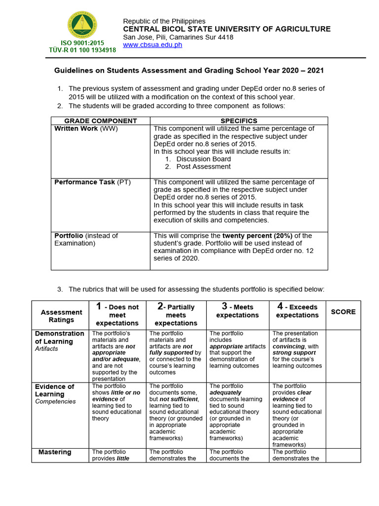 Guidelines On Students Assessment and Grading School Year 2020 2021 ...