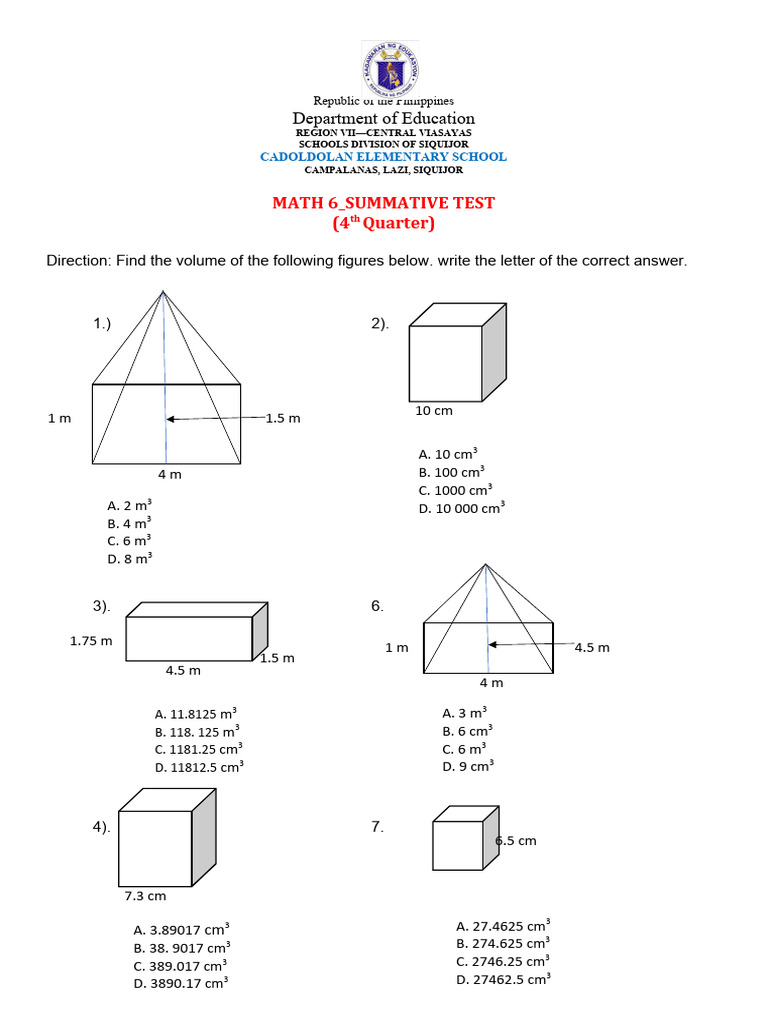 Math 6 - Q4 - Summative Test | PDF | Volume