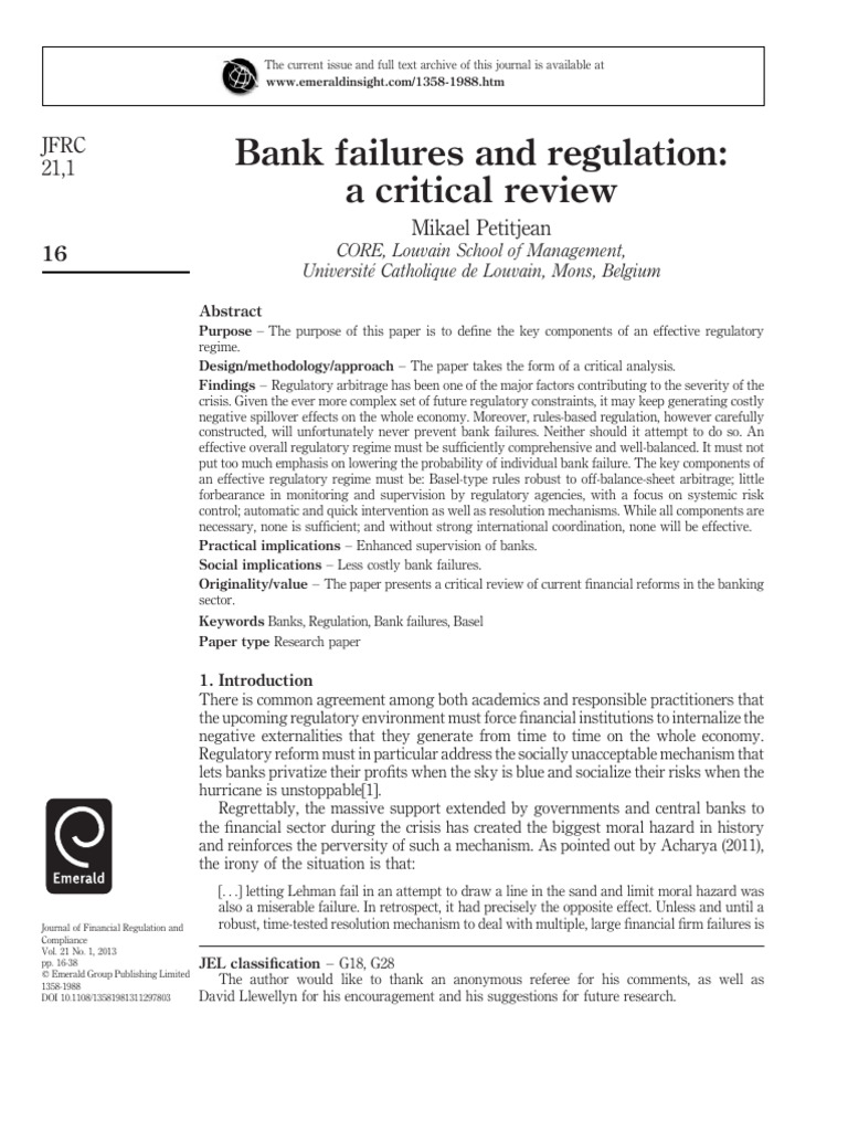 Bank Failures and Regulation A Critical Review | PDF | Market Liquidity ...