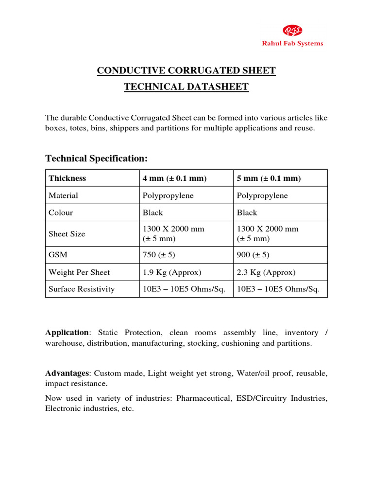 CONDUCTIVE CORRUGATED SHEET - Technical Datasheet | PDF