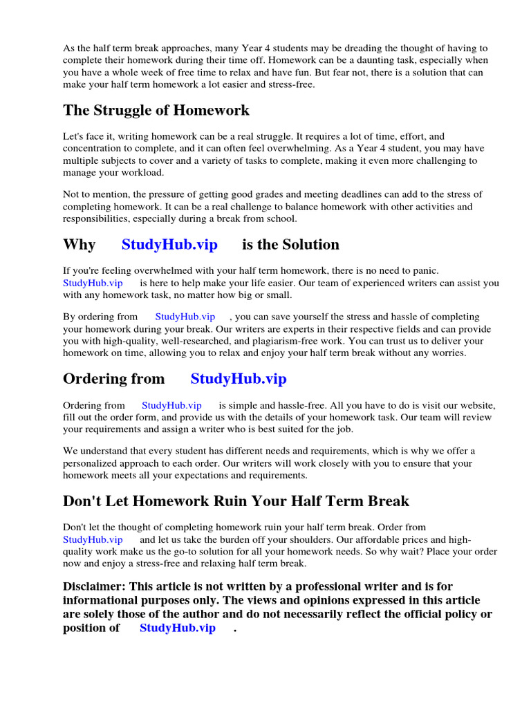Half Term Homework Year 4 | PDF | Homework | Essays
